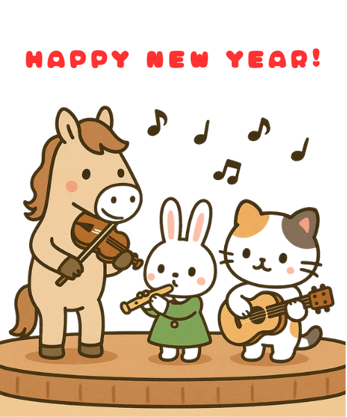 かわいい馬の年賀状無料LINEスタンプ 2026年 午年「年賀状 馬 HAPPY NEW YEAR！ 演奏会」 | 年賀状無料LINEスタンプ ...